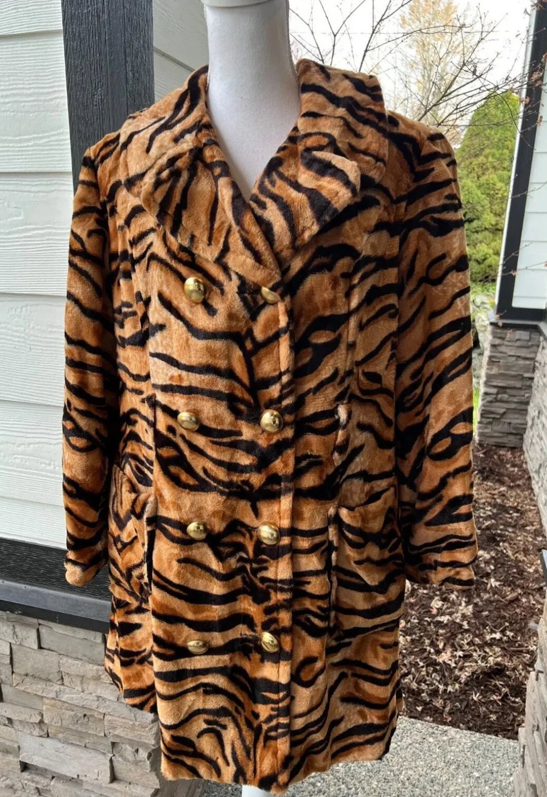 Vintage 70s Faux Fur Tiger Striped Pea Coat L - Etsy