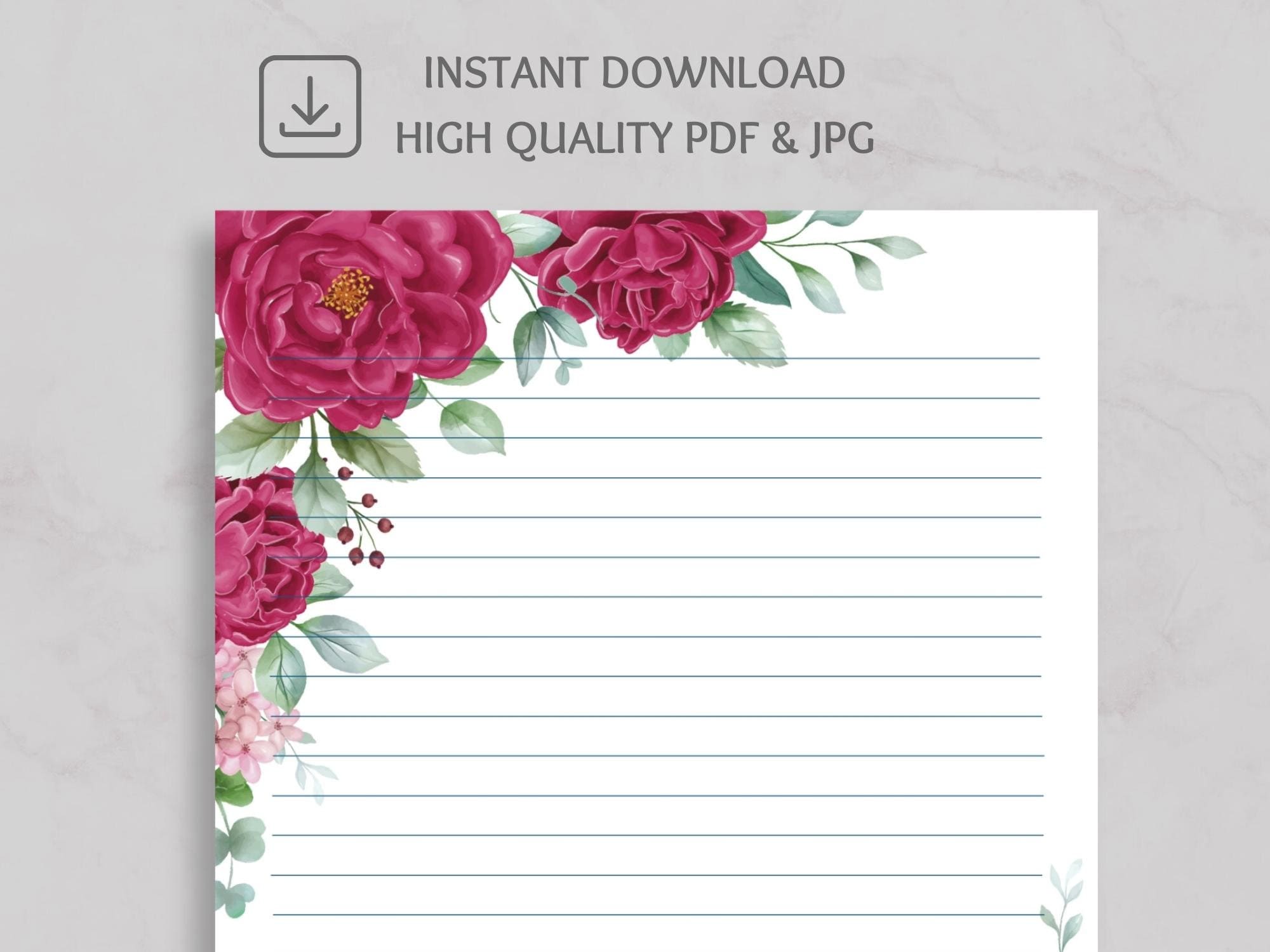 Floral Printable Stationery Paper Peony Letter Writing Paper - Etsy