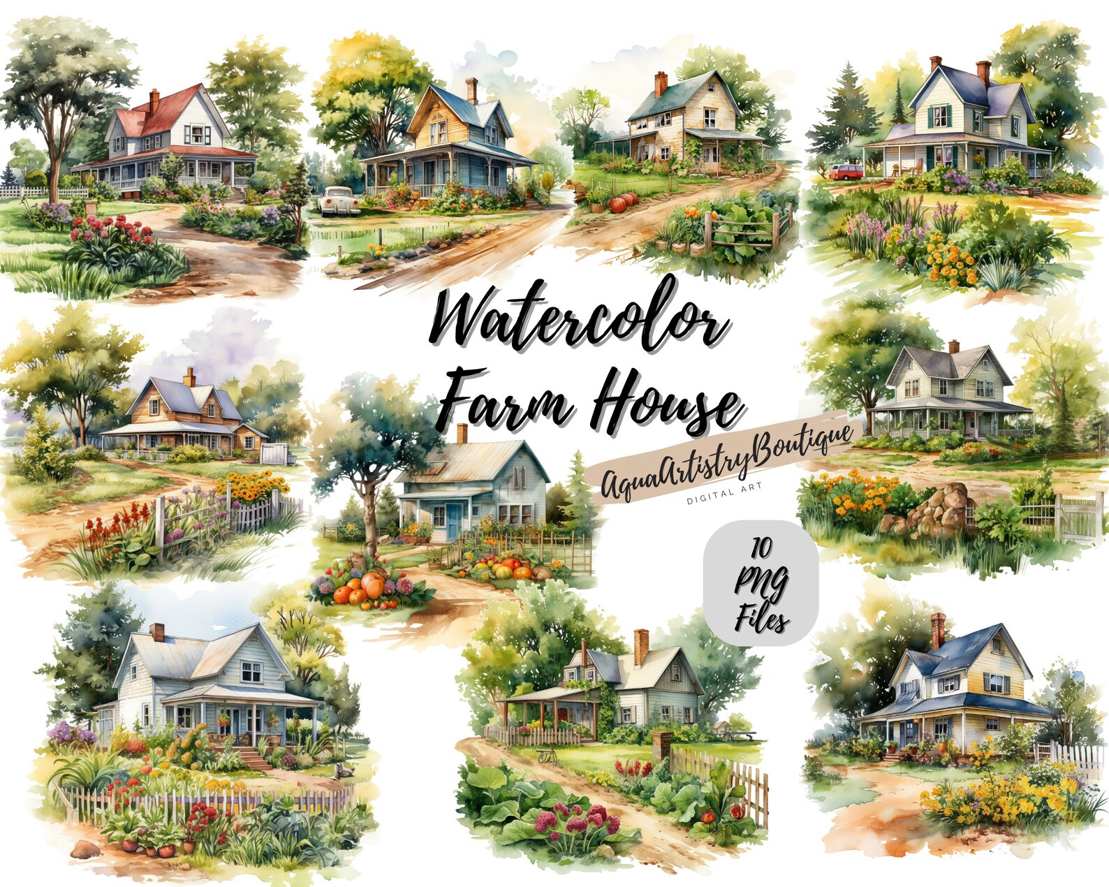 Watercolor Farm House Digital Download Wall Art Watercolor Clipart Farm ...