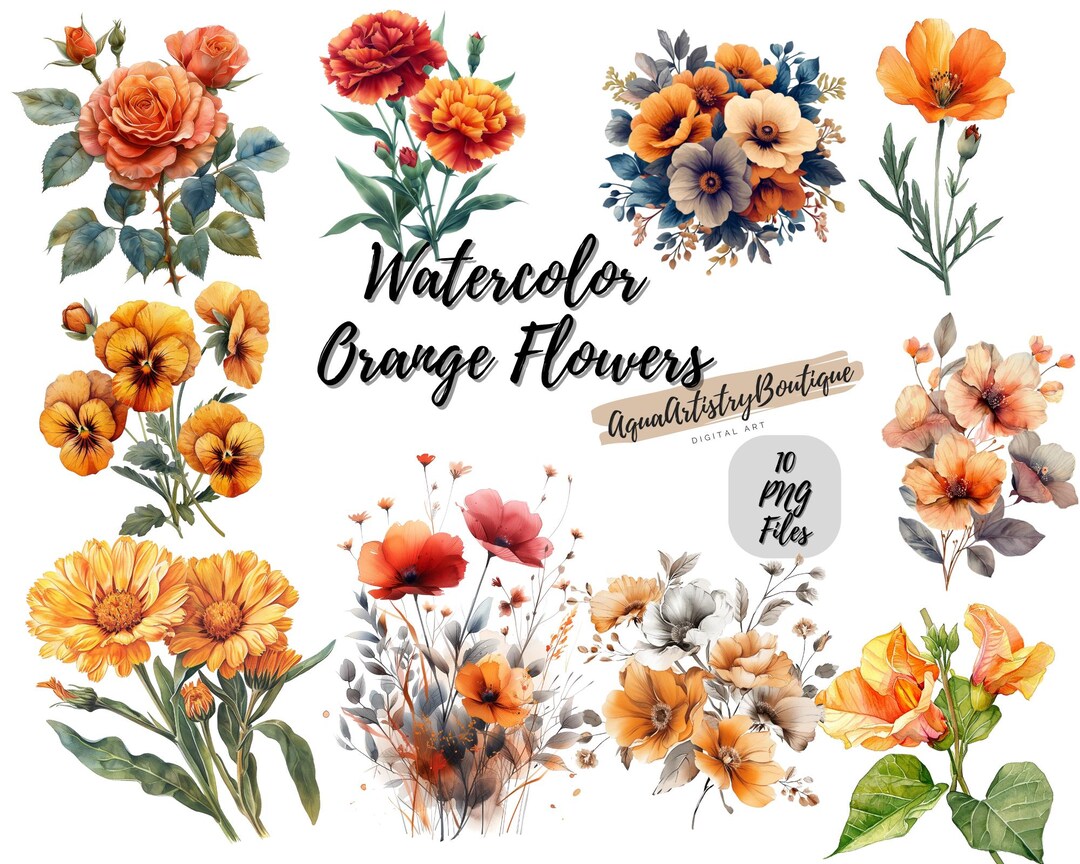 Watercolor Orange Flowers | Digital Download | Wall Art | Watercolor ...