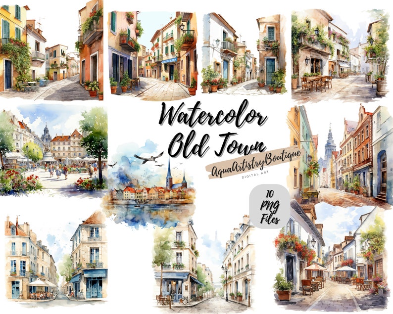 Watercolor Old Town Digital Download Wall Art Watercolor Clipart ...