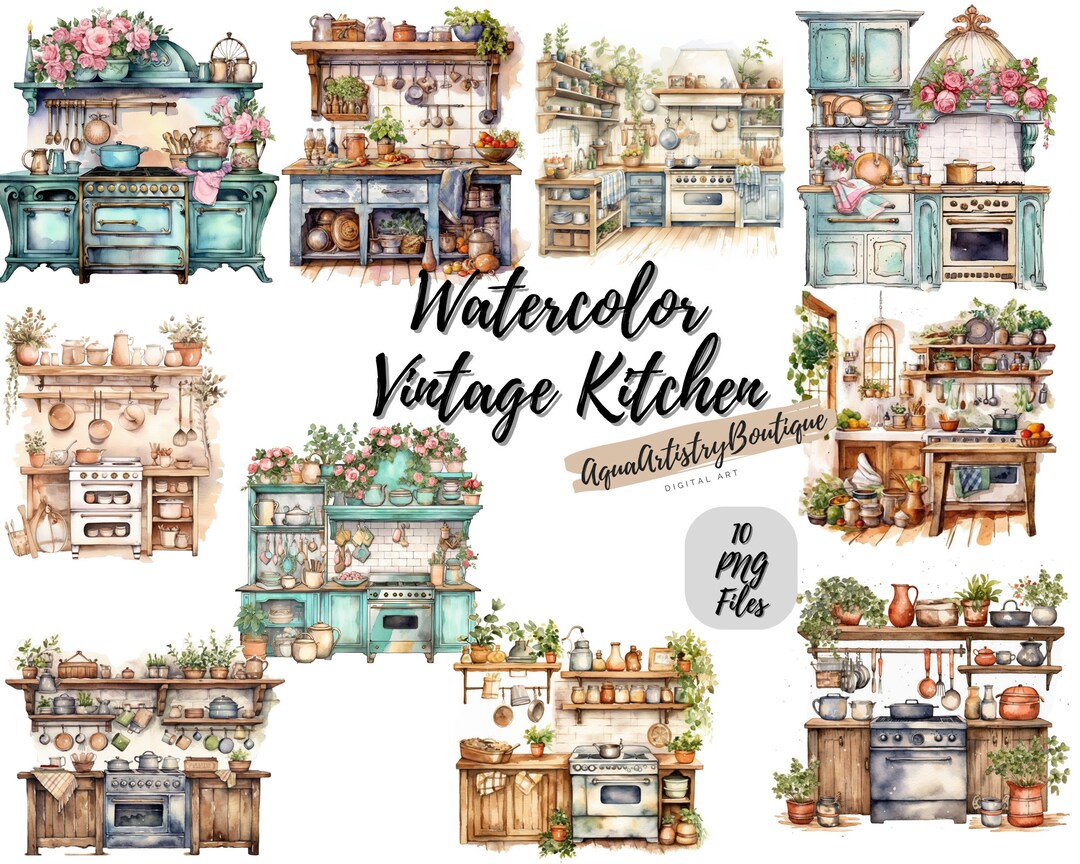 Watercolor Vintage Kitchen | Digital Download | Wall Art | Watercolor ...