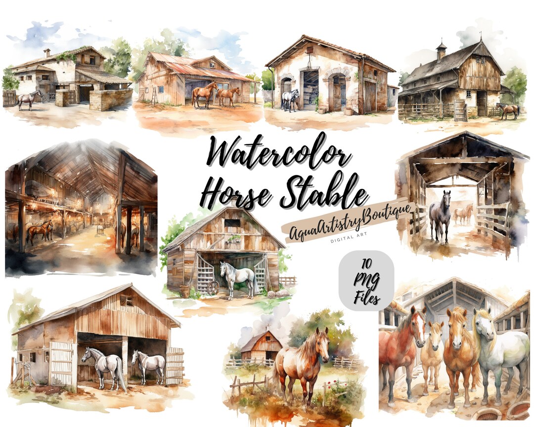 Watercolor Horse Stable Digital Download Wall Art Watercolor Clipart ...