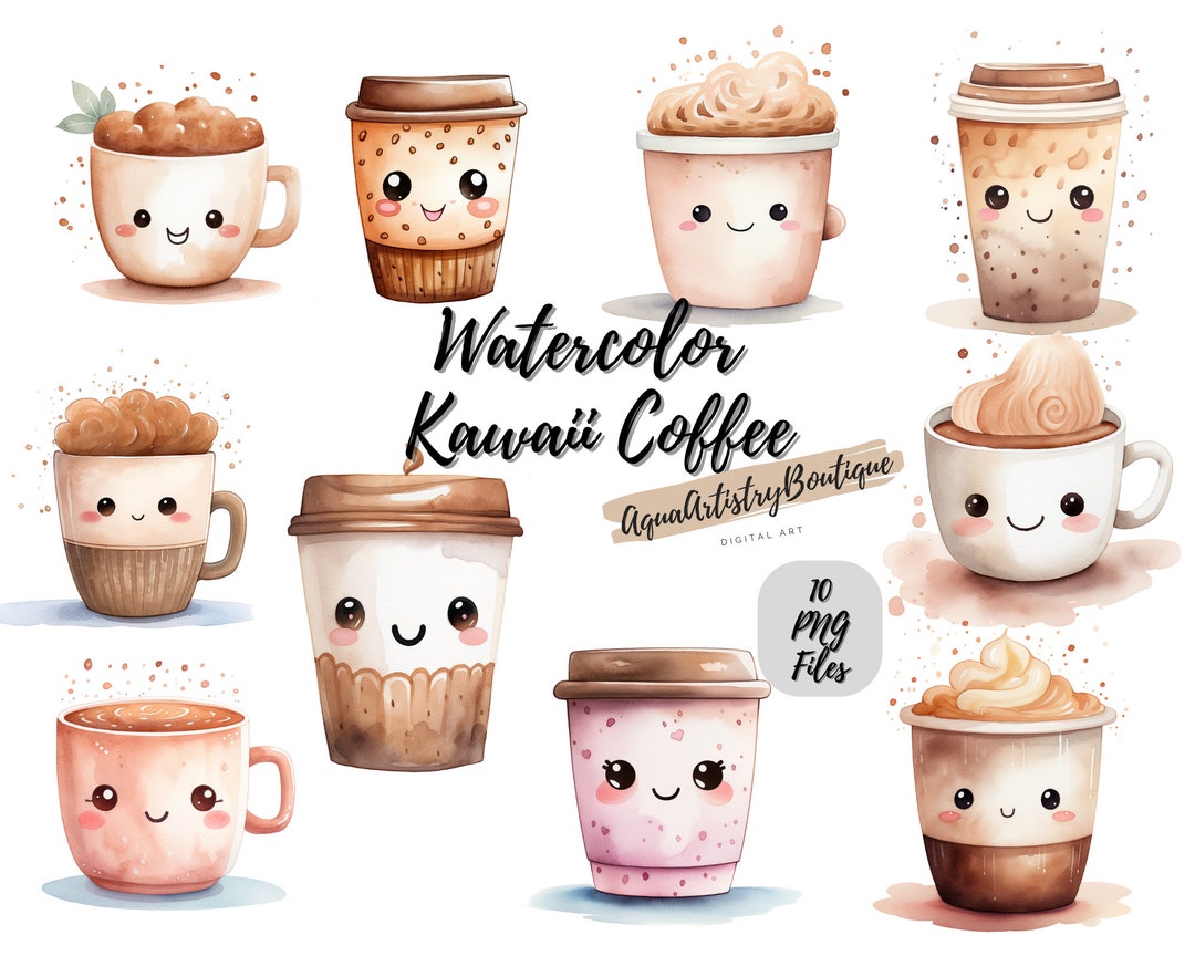 Watercolor Kawaii Coffee | Digital Download | Wall Art | Watercolor ...