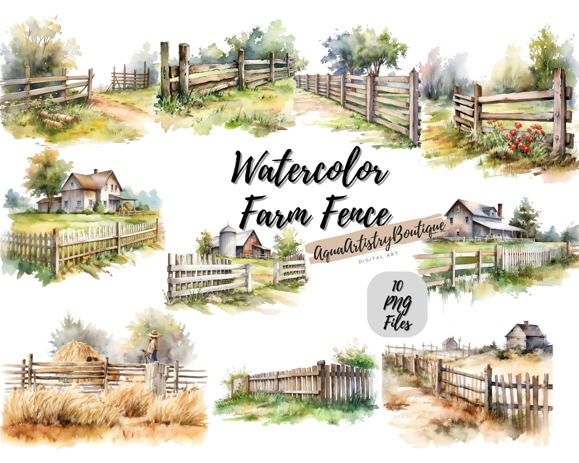 Watercolor Farm Fence Digital Download Wall Art Watercolor Clipart Farm ...