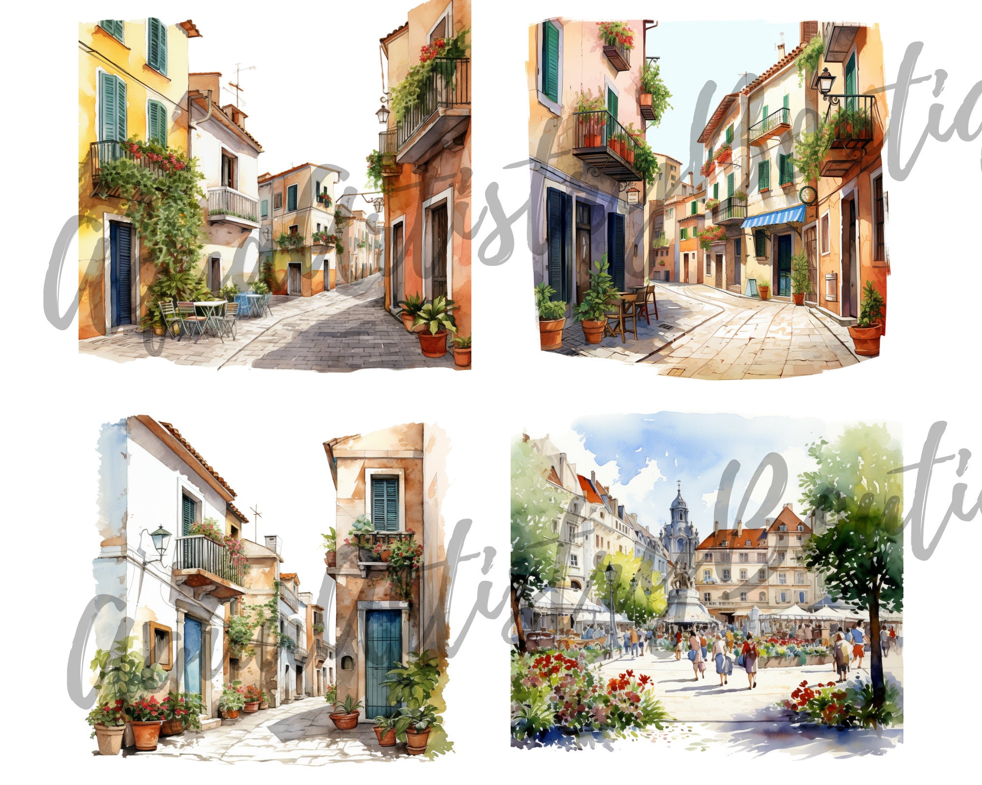 Watercolor Old Town Digital Download Wall Art Watercolor Clipart ...