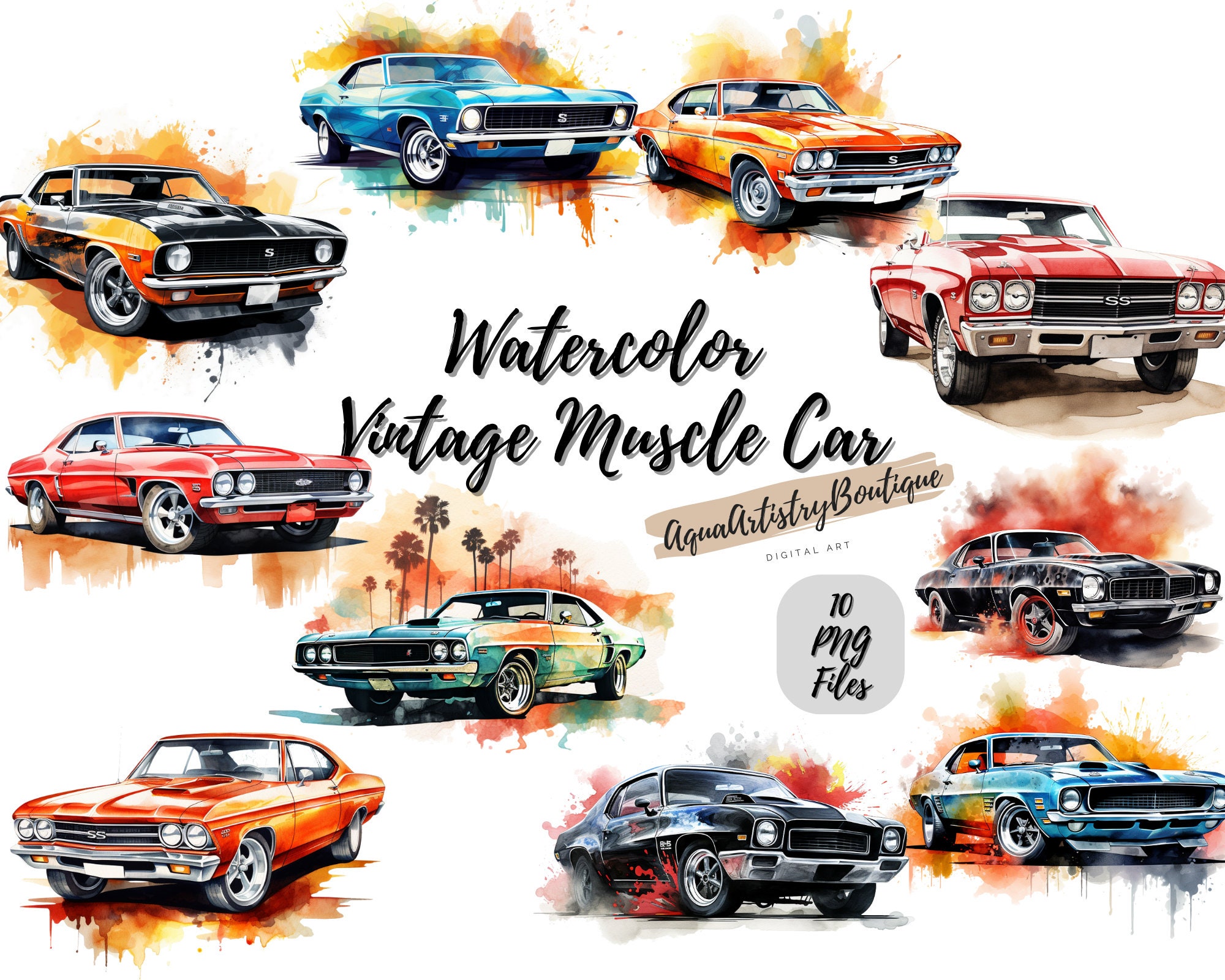 Watercolor Vintage Muscle Cars Digital Download Wall Art - Etsy