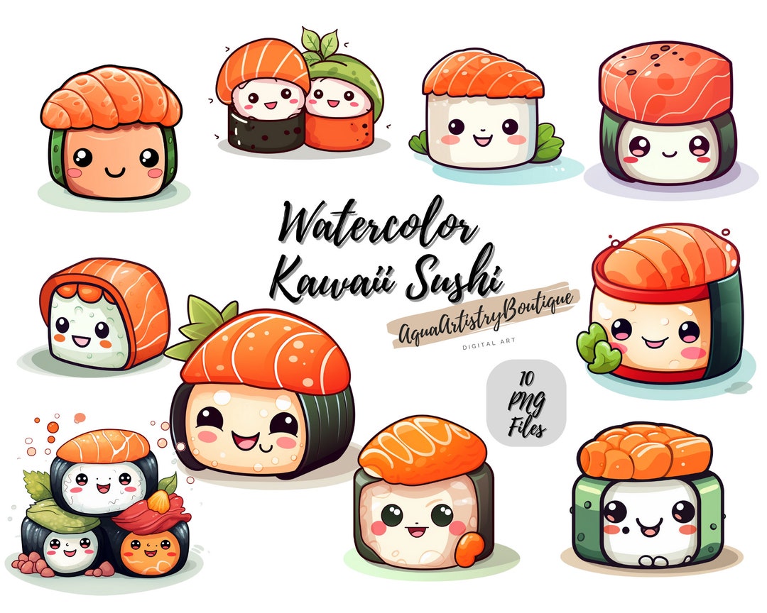 Watercolor Kawaii Sushi | Digital Download | Wall Art | Watercolor ...
