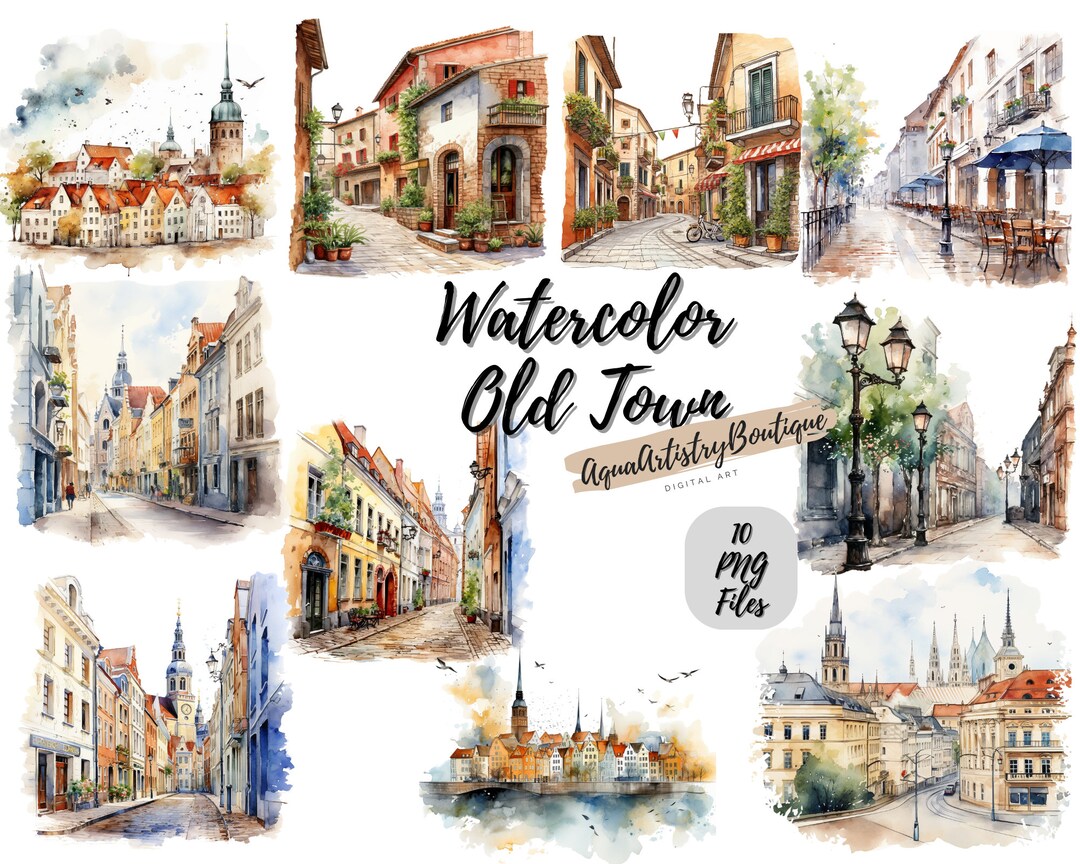 Watercolor Old Town | Digital Download | Wall Art | Watercolor Clipart ...