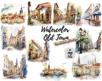 Watercolor Old Town Digital Download Wall Art Watercolor Clipart ...