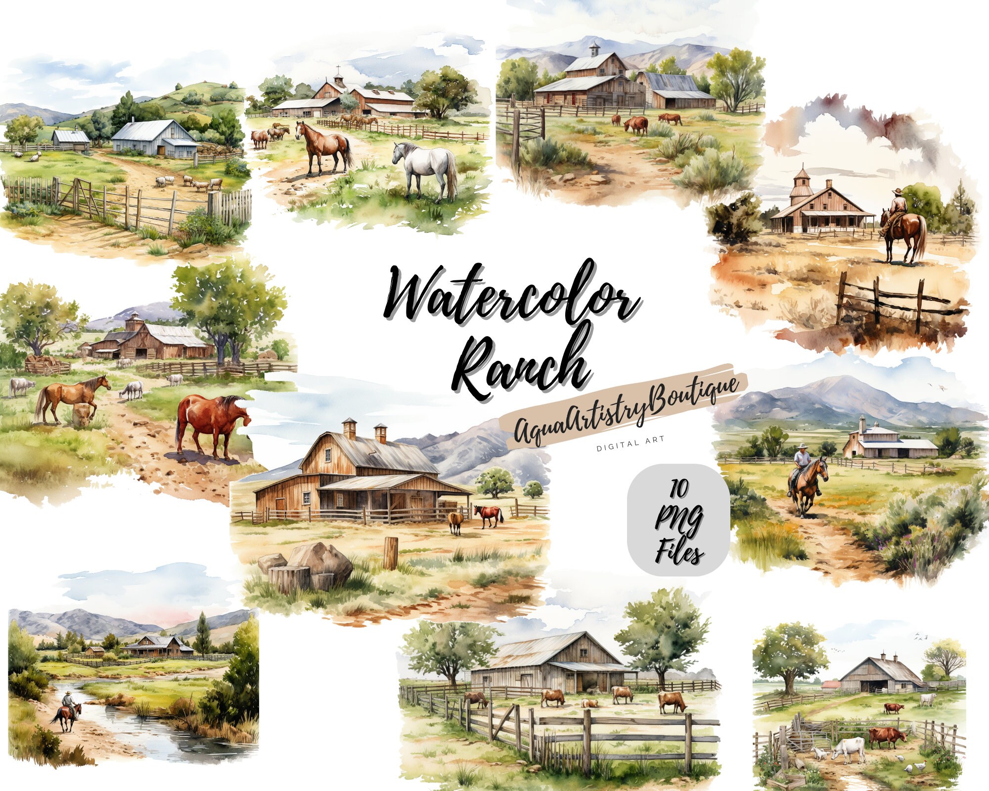 Watercolor Ranch Landscape Digital Download Wall Art Watercolor Clipart ...