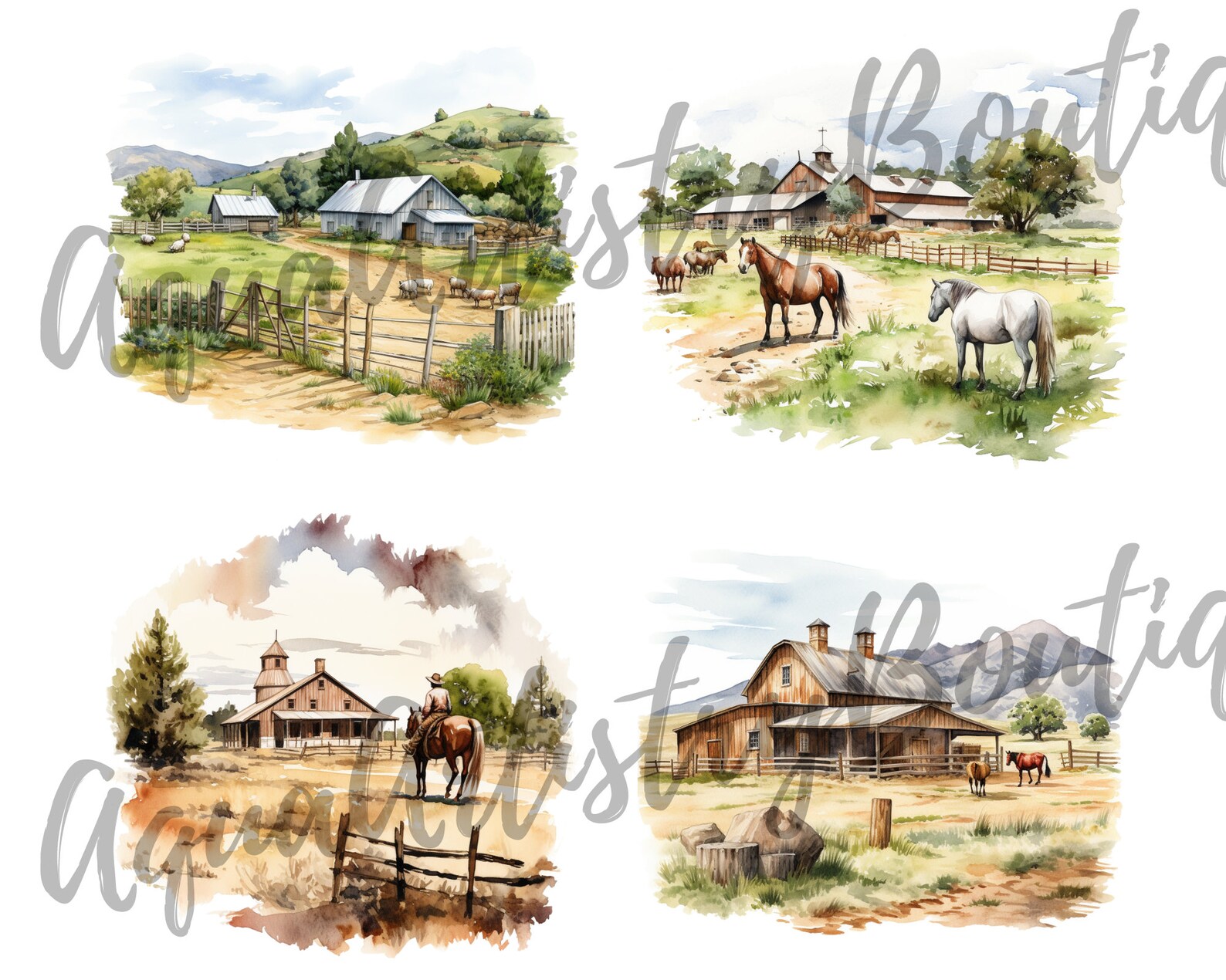Watercolor Ranch Landscape Digital Download Wall Art Watercolor Clipart ...