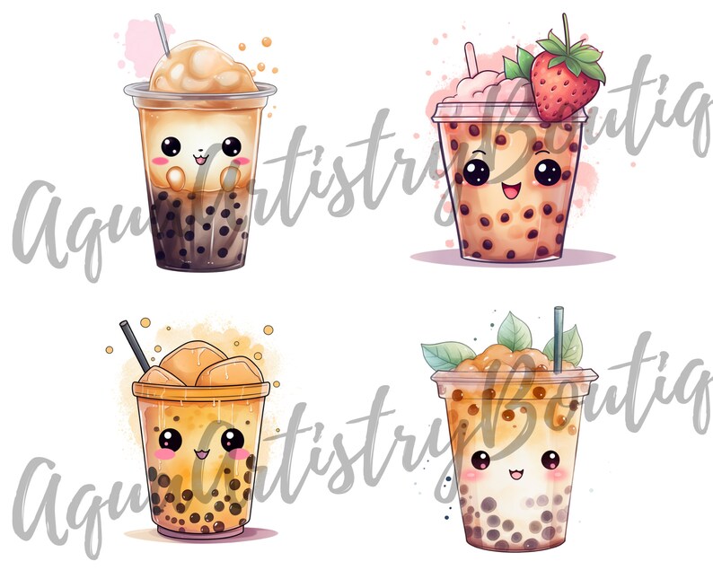 Watercolor Kawaii Boba Tea Digital Download Wall Art - Etsy