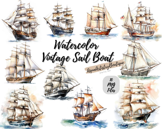 WATERCOLOR CLIPART, Sail Boat Art Scrapbooking Retro Png, Graphics ...