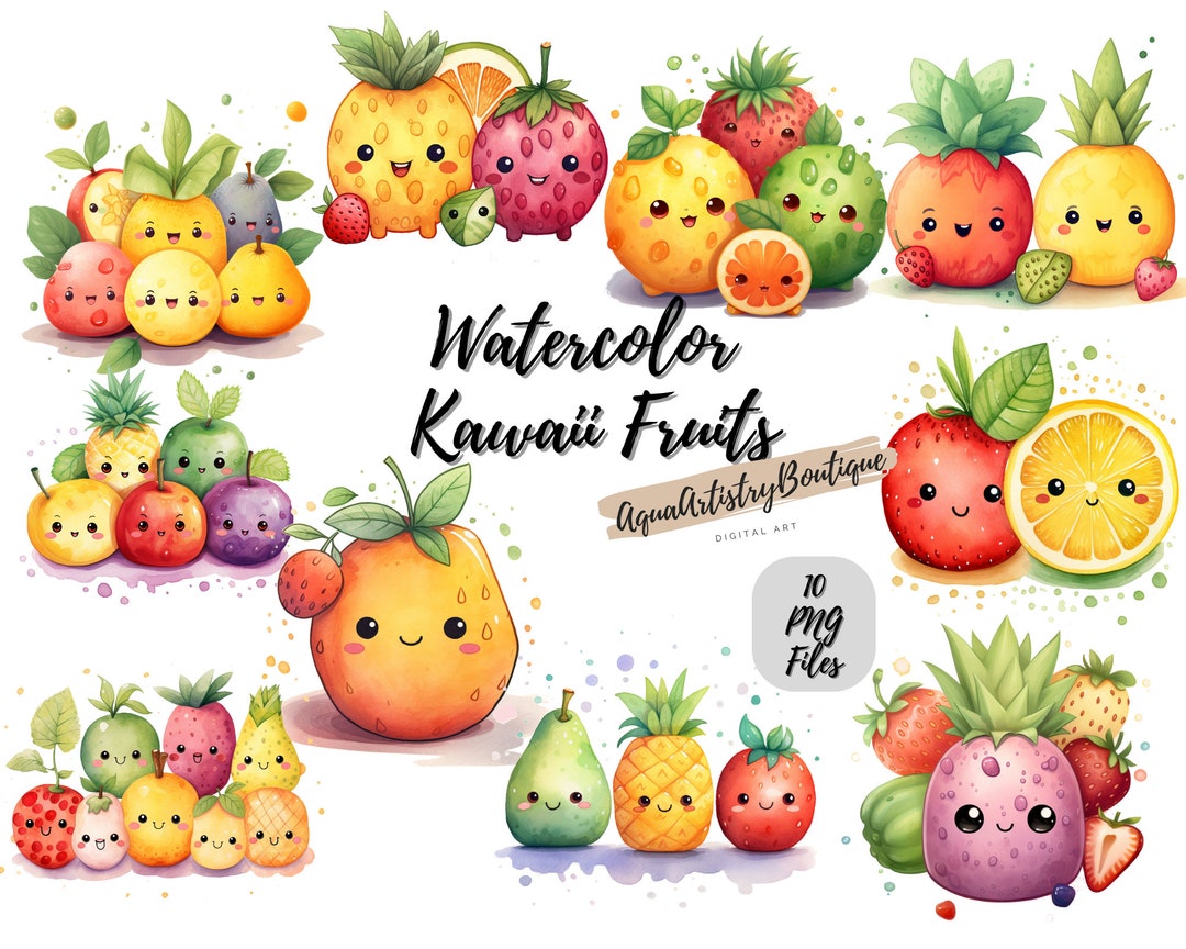Watercolor Kawaii Fruit | Digital Download | Wall Art | Watercolor ...
