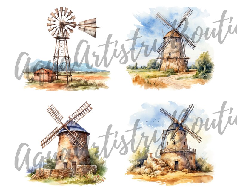 Watercolor Windmill Digital Download Wall Art Watercolor - Etsy