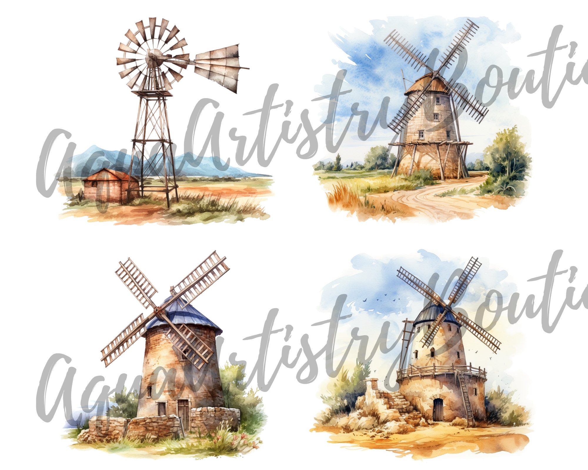 Watercolor Windmill Digital Download Wall Art Watercolor - Etsy