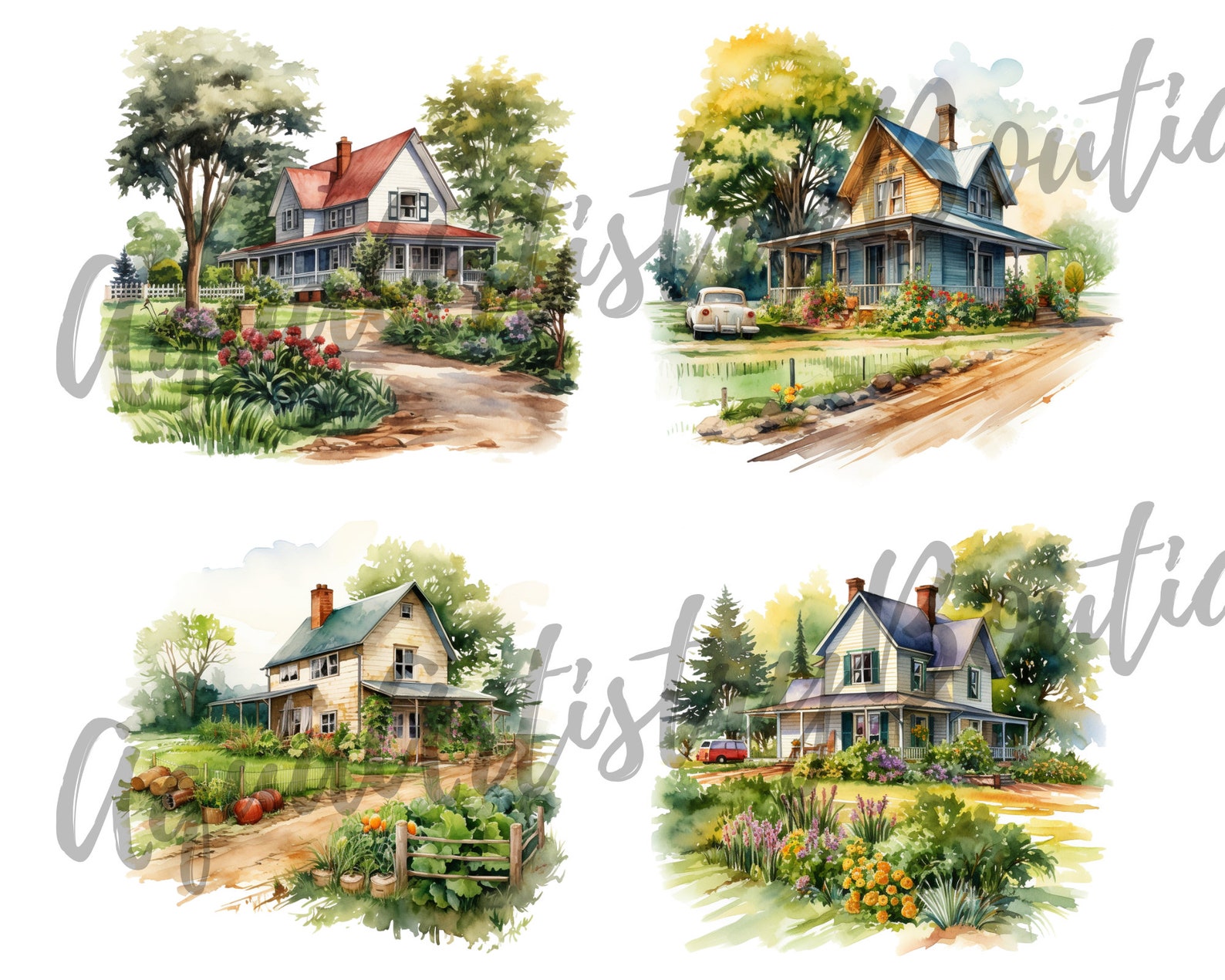 Watercolor Farm House Digital Download Wall Art Watercolor Clipart Farm ...