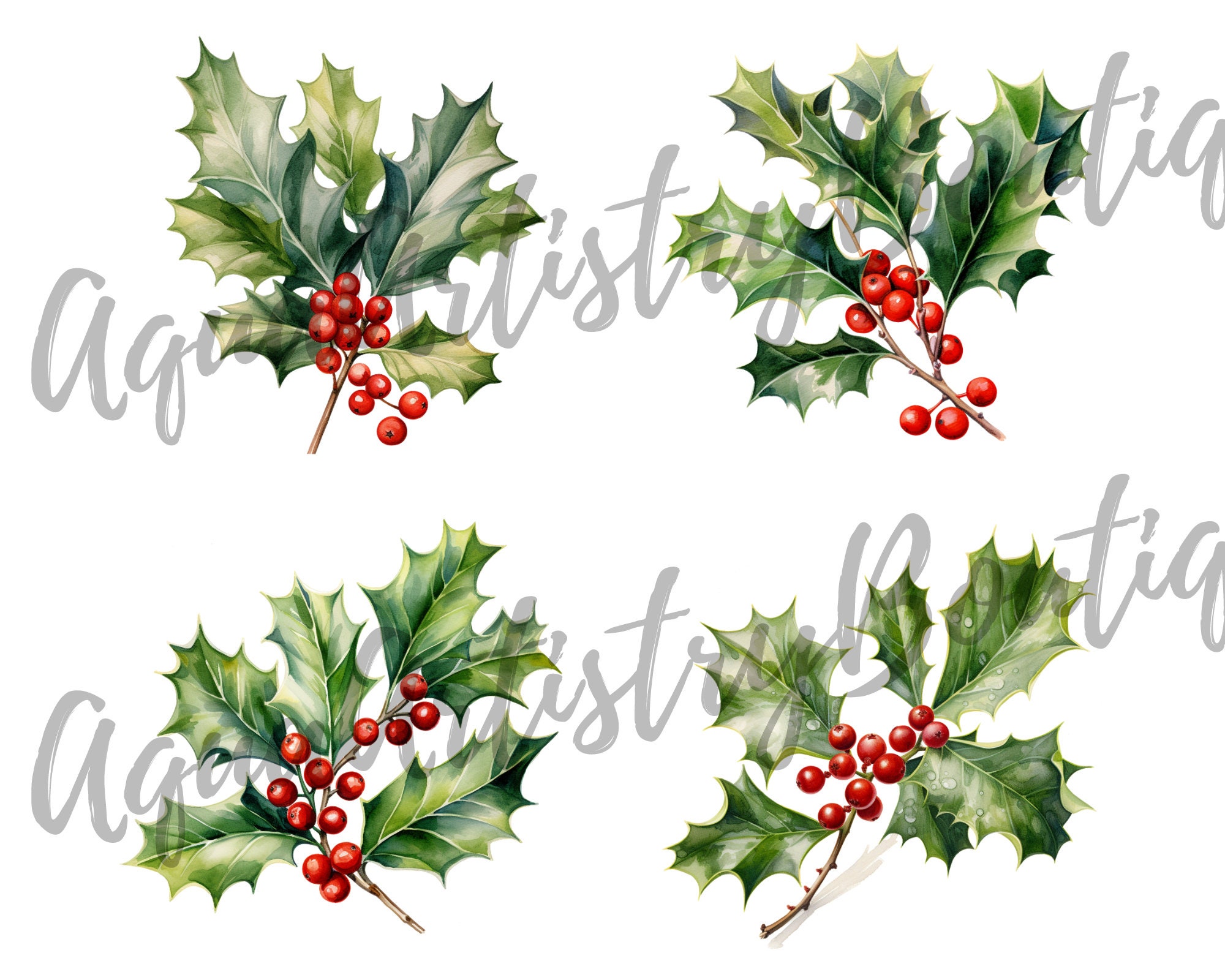 Watercolor Christmas Holly Digital Download Wall Art Watercolor Clipart ...