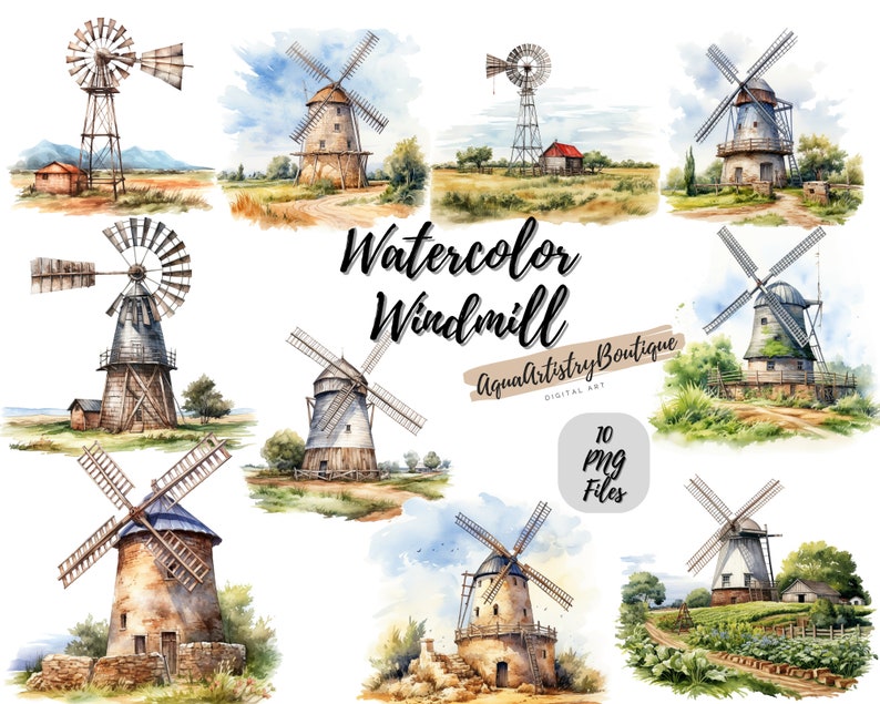 Watercolor Windmill Digital Download Wall Art Watercolor - Etsy