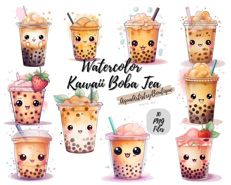 Watercolor Kawaii Boba Tea Digital Download Wall Art - Etsy