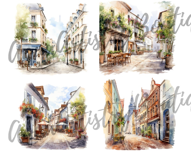 Watercolor Old Town Digital Download Wall Art Watercolor Clipart ...