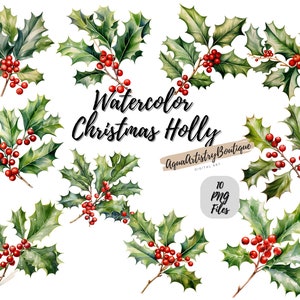 Watercolor Christmas Holly | Digital Download | Wall Art | Watercolor ...