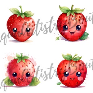Watercolor Kawaii Strawberry | Digital Download | Wall Art | Watercolor ...