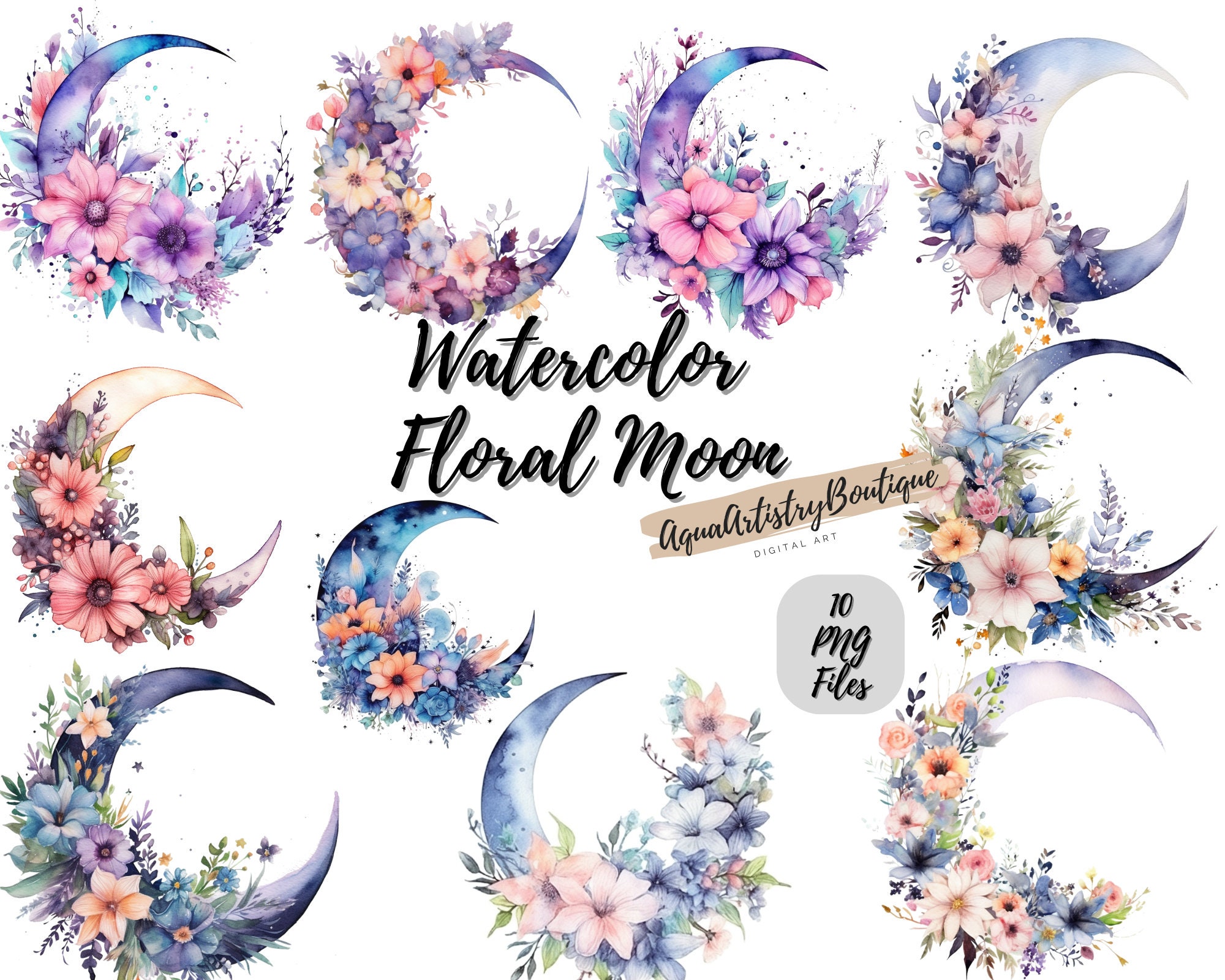 Watercolor Floral Moon Digital Download Wall Art - Etsy