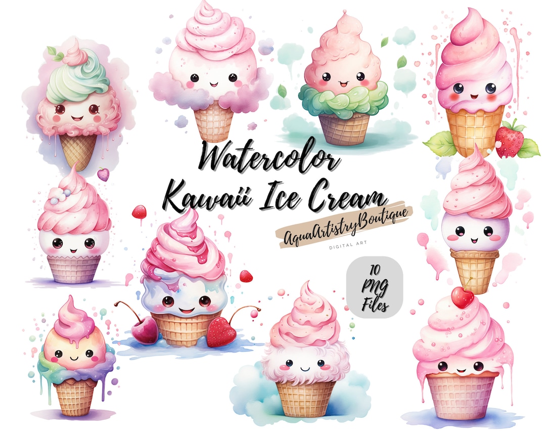 Watercolor Kawaii Ice Cream | Digital Download | Wall Art | Watercolor ...