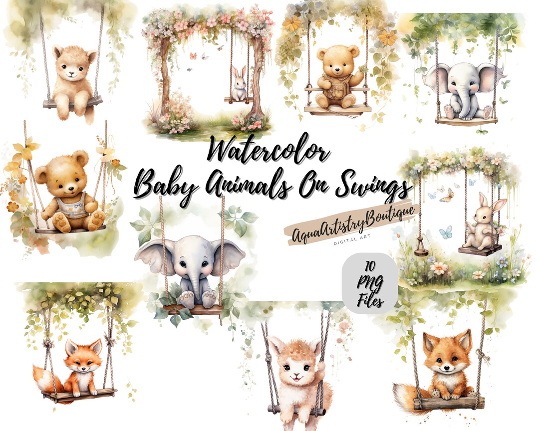 Watercolor Baby Animals on Swings | Digital Download | Wall Art ...