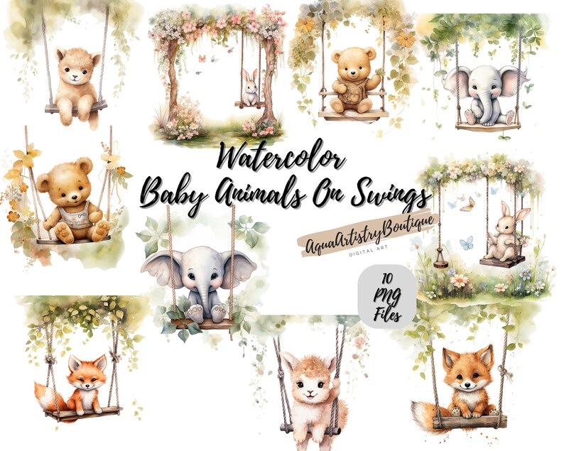 Watercolor Baby Animals on Swings Digital Download Wall - Etsy