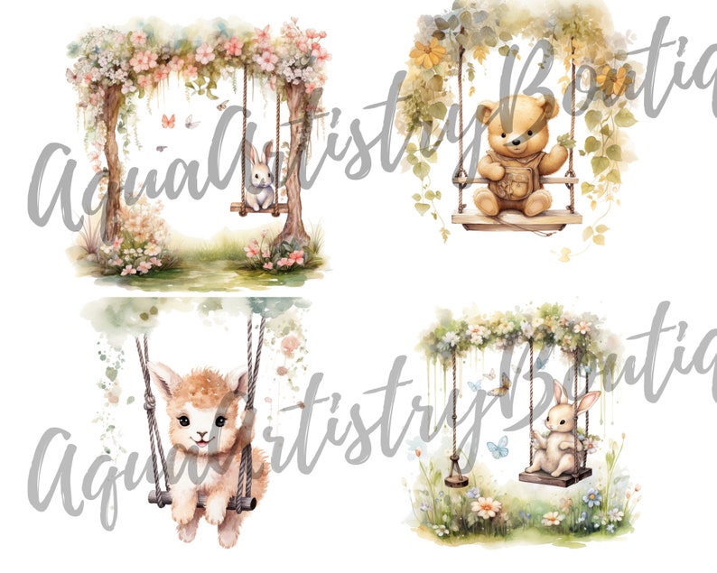 Watercolor Baby Animals on Swings Digital Download Wall - Etsy