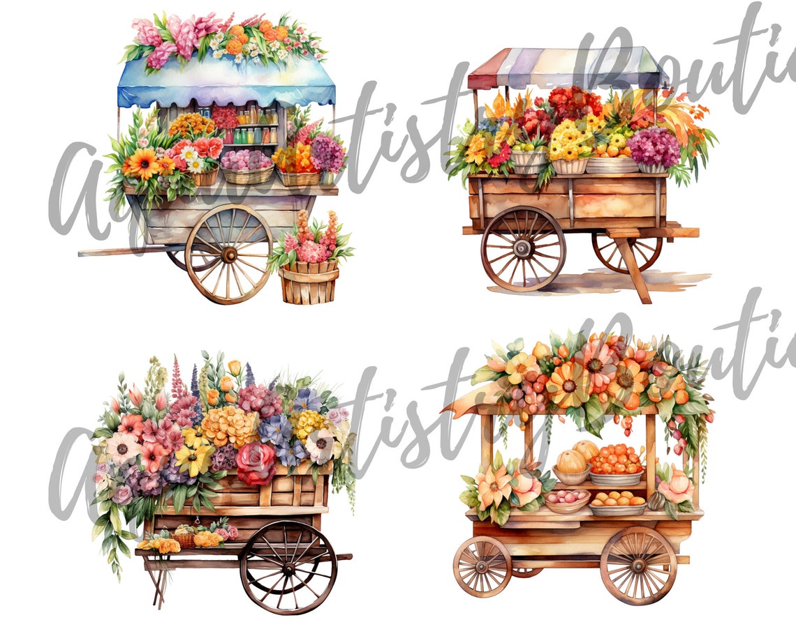 Watercolor Flower Cart Digital Download Wall Art - Etsy