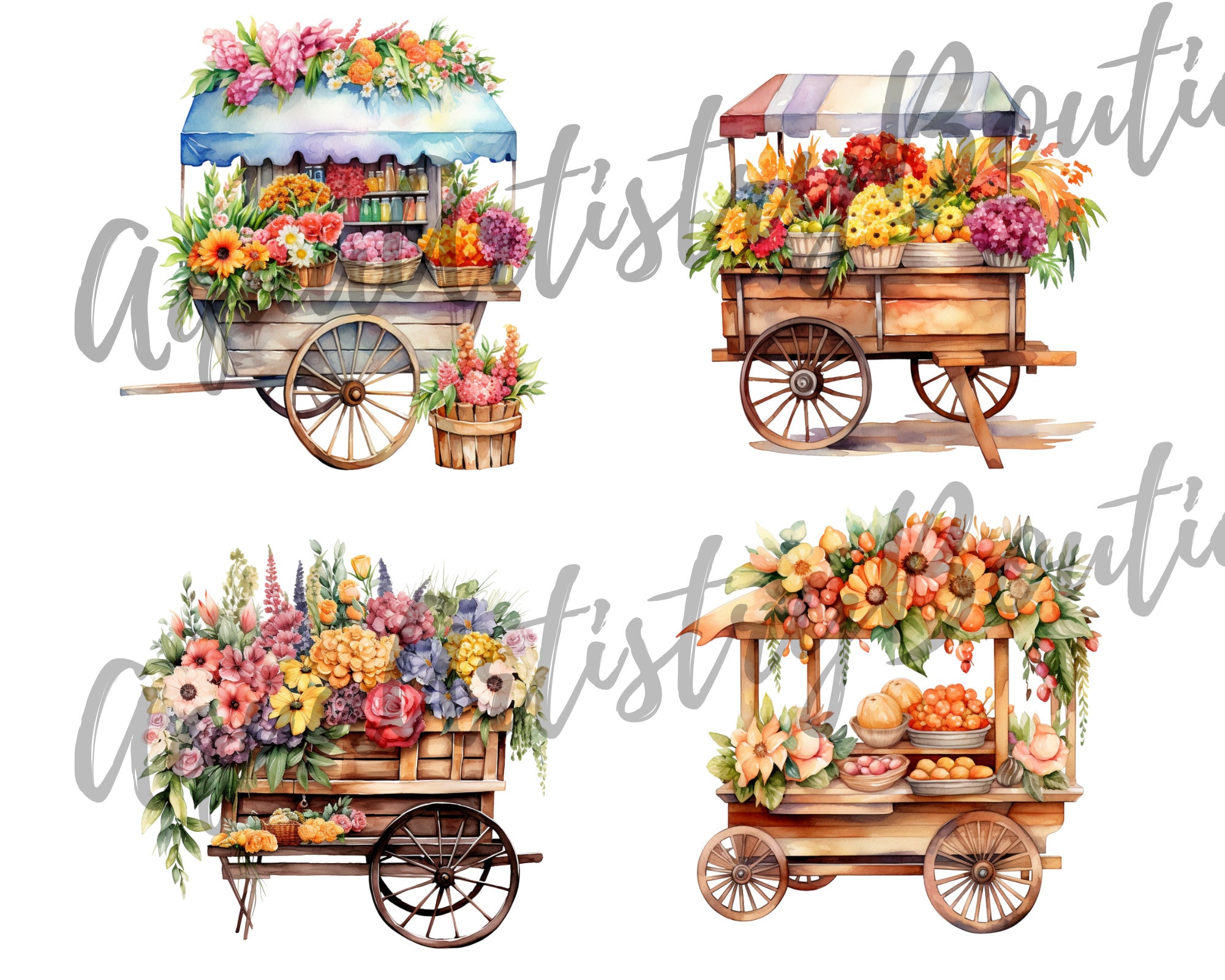Watercolor Flower Cart Digital Download Wall Art - Etsy