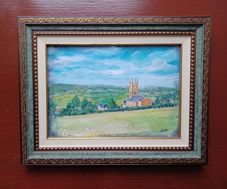 Kippen Village View Painting, Parish Church Original Acrylic 5x7, Made ...