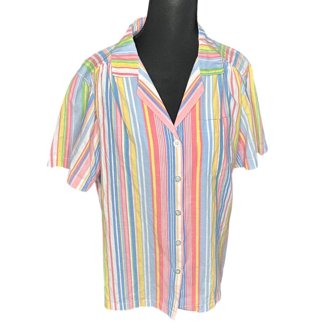 Cathy Daniels Striped Button up Shirt Rainbow Cotton Short Sleeve ...