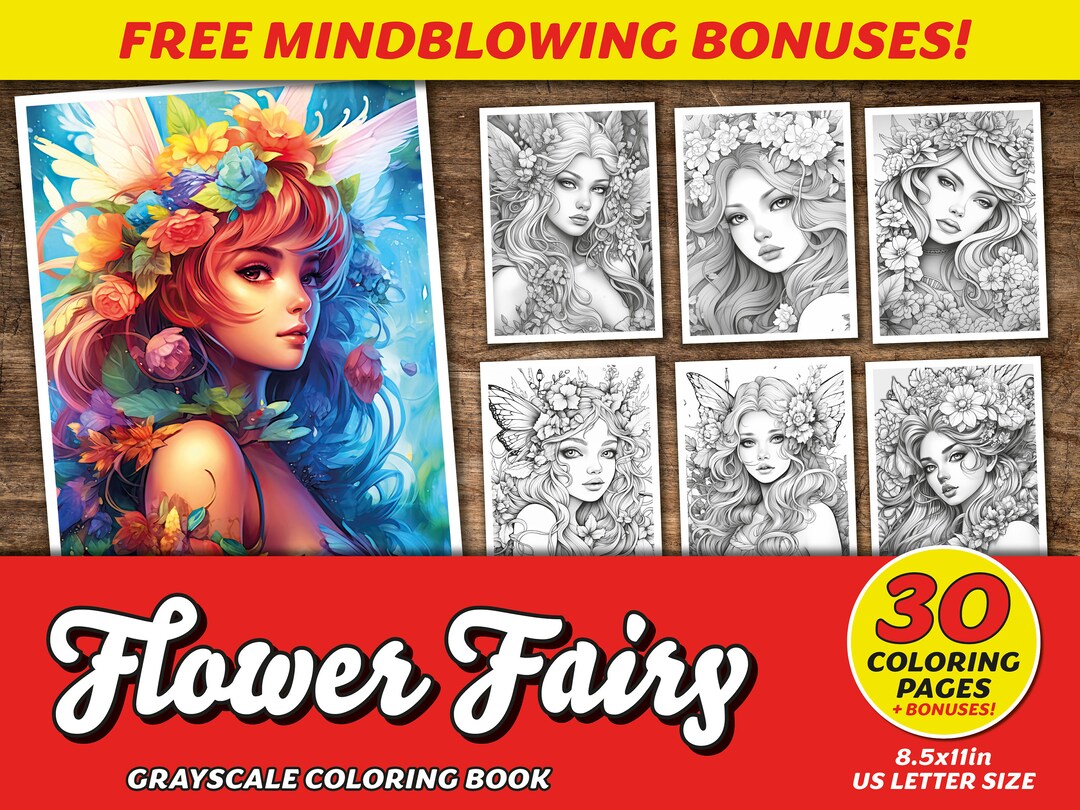Flower Fairy Coloring Book Pages, Printable Art, Fantasy Grayscale ...