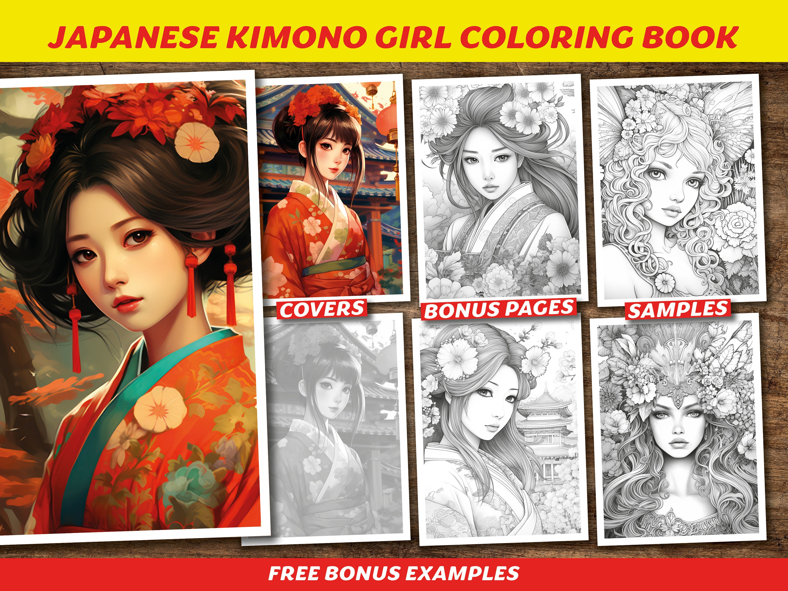 Japanese Kimono Girl Coloring Book Pages, Printable Art, Grayscale ...