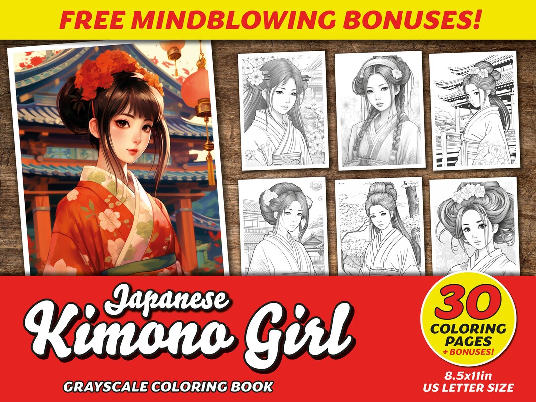Japanese Kimono Girl Coloring Book Pages, Printable Art, Grayscale ...