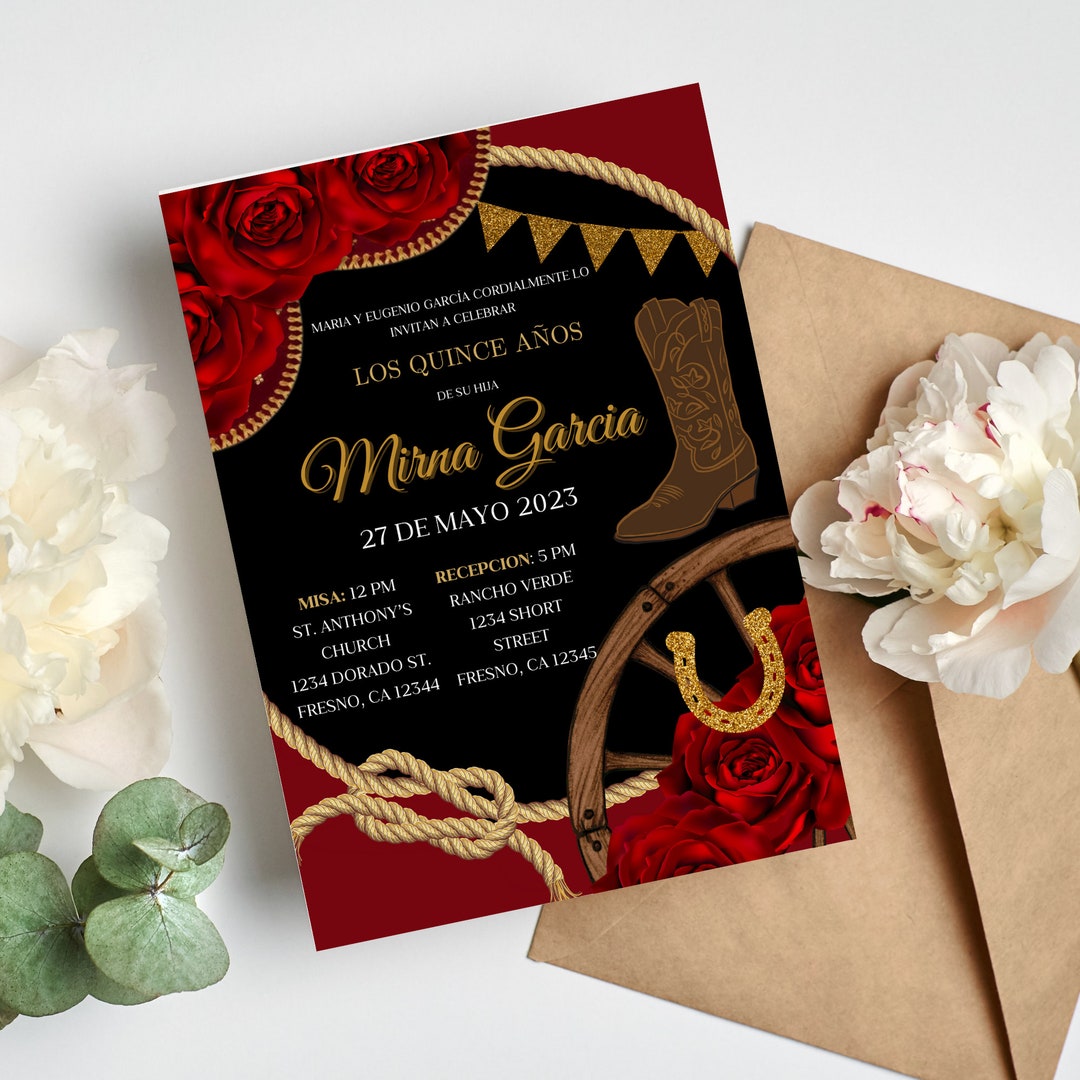 Elegant Red, Black, and Gold Charro Quinceanera Invitation, Red Charro ...