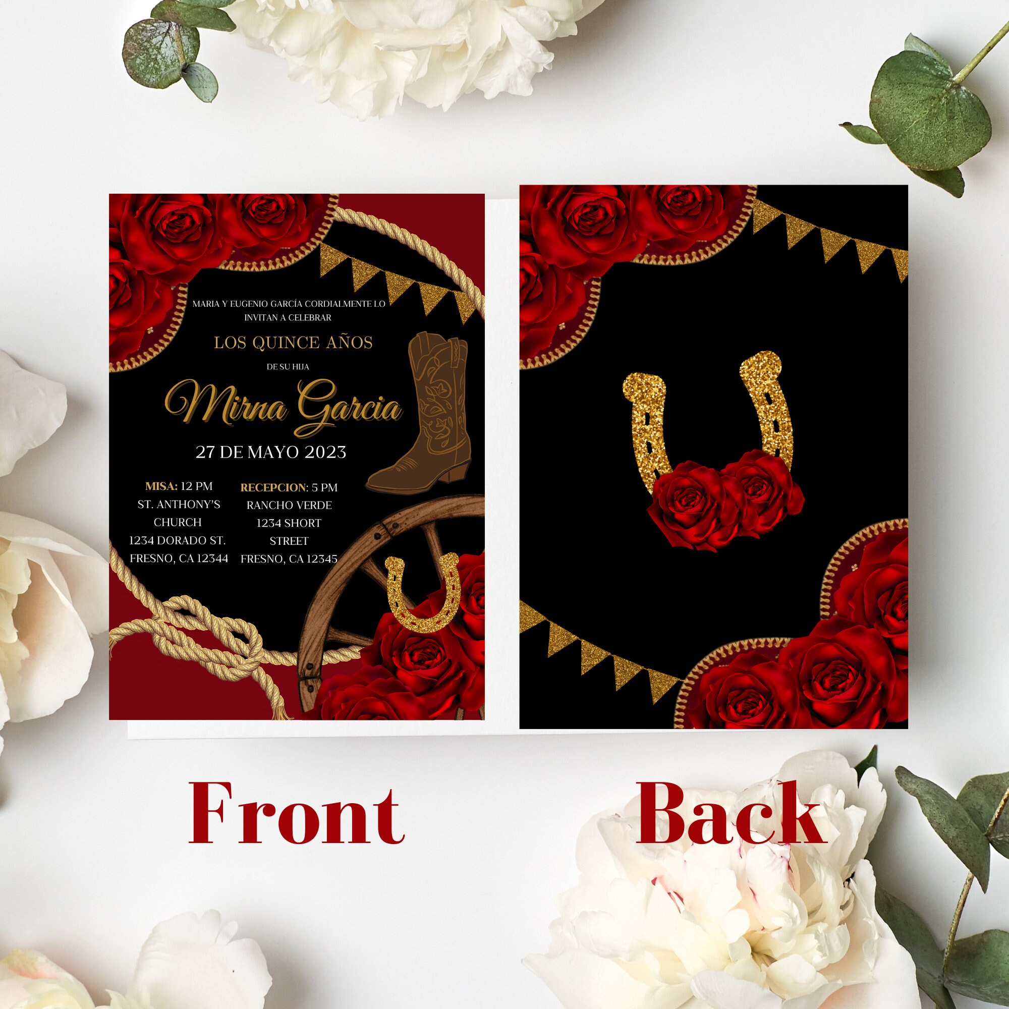Elegant Red, Black, and Gold Charro Quinceanera Invitation, Red Charro ...
