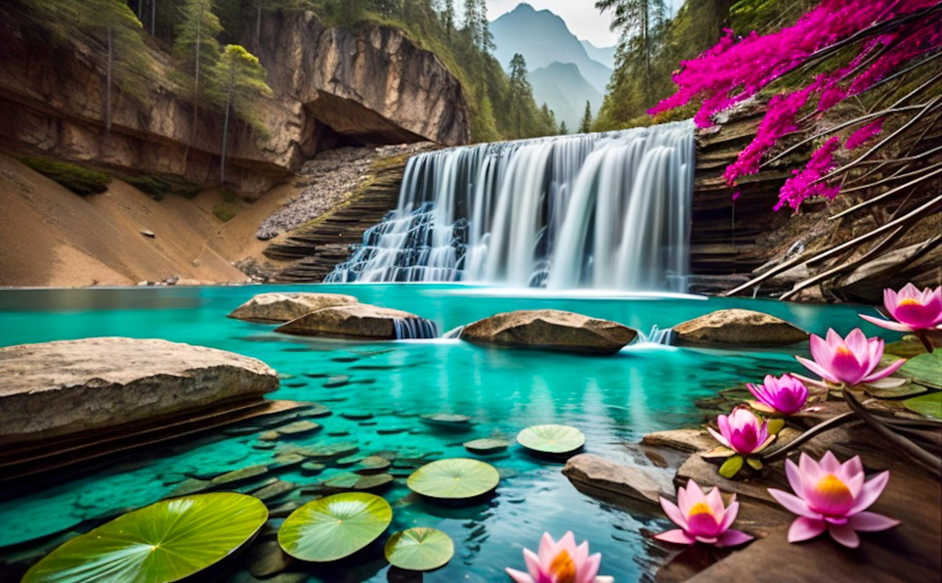 Waterfall With Waterlily. 8k Digital Wallpaper, Background for Screen ...