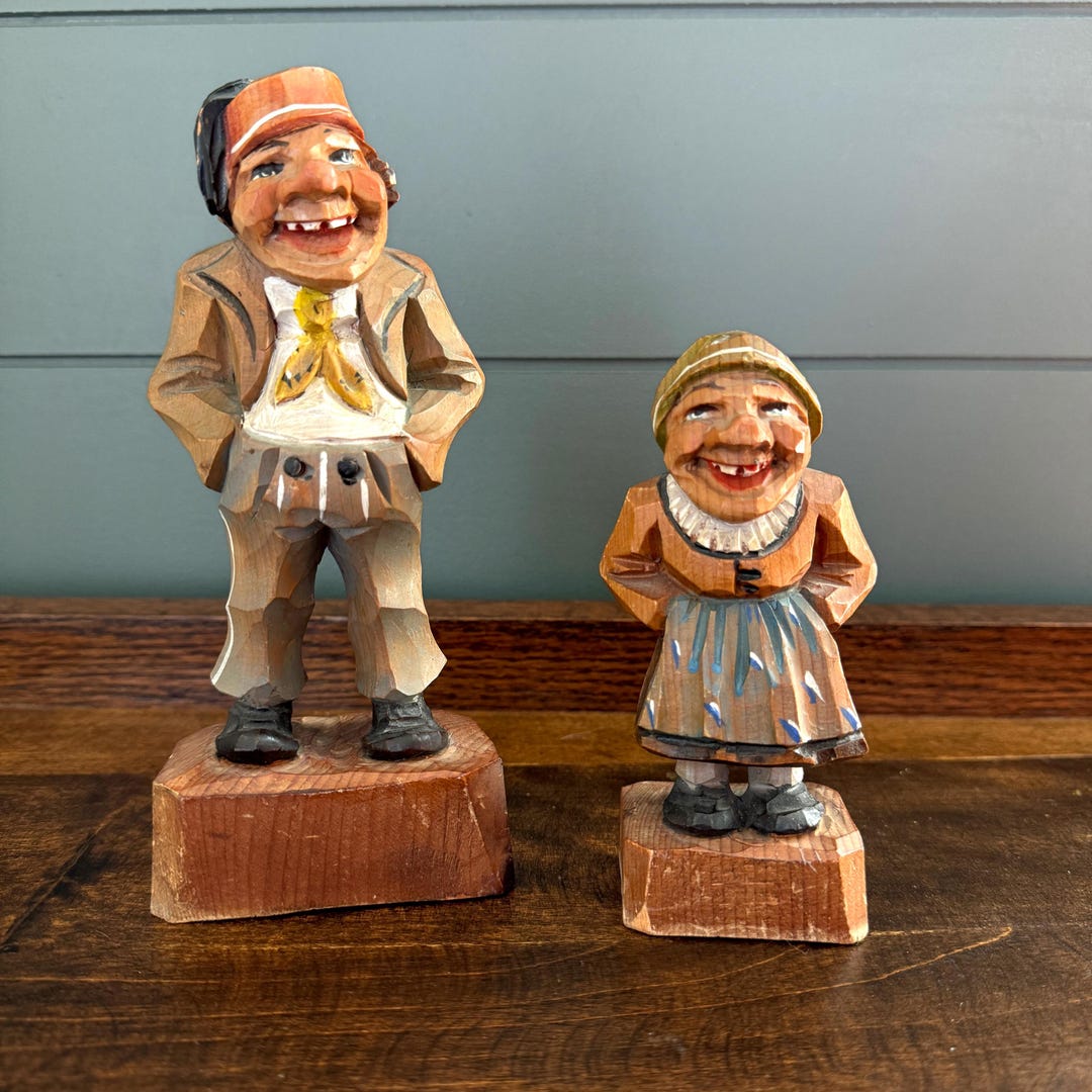 Vintage Anri Style Folk Art Wood Carving Figures, Oma & Opa, Set of 2 ...