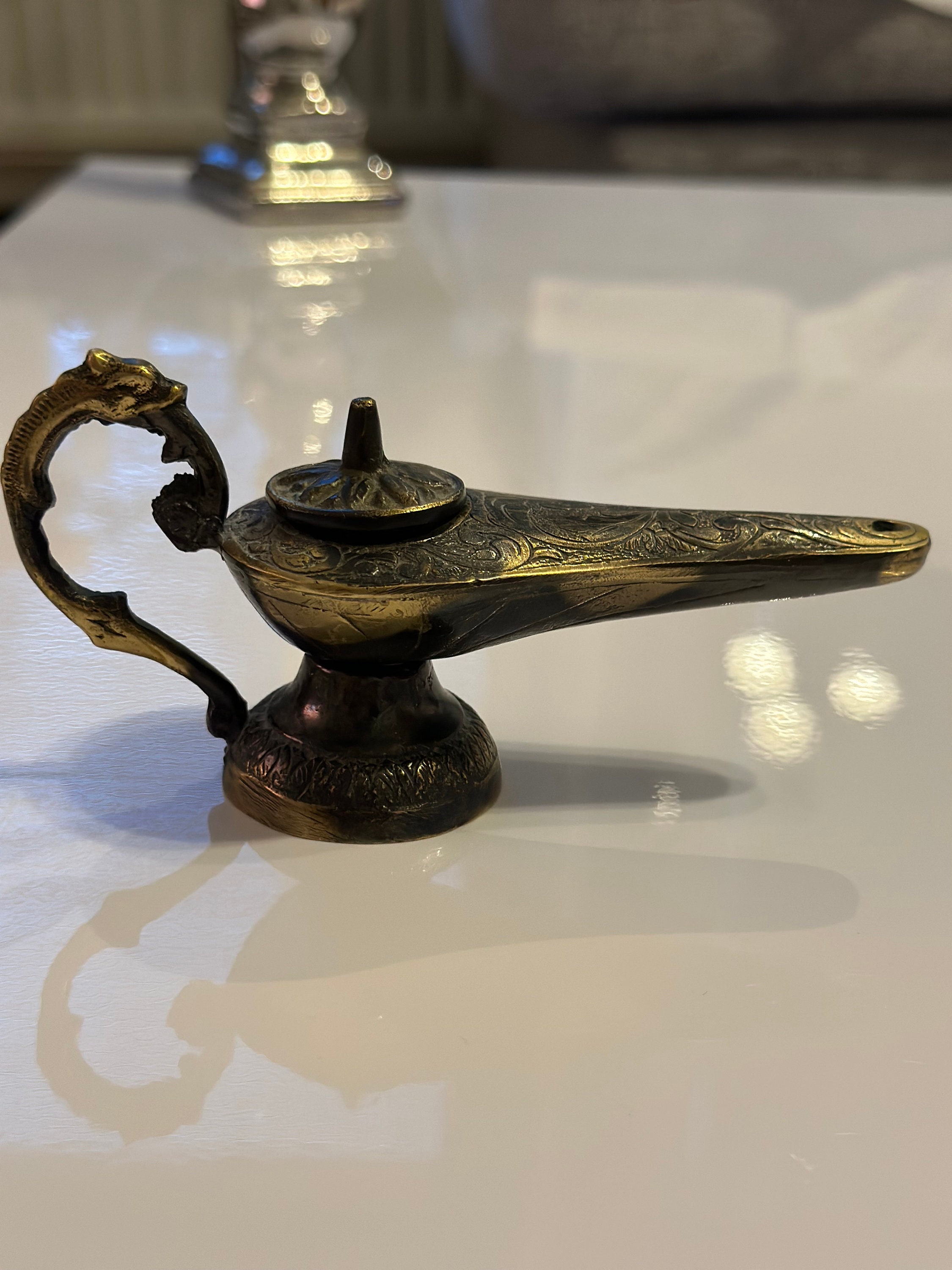 Vintage Aladdin Genie Lamp Incense, Solid Brass Burner With Engraved ...