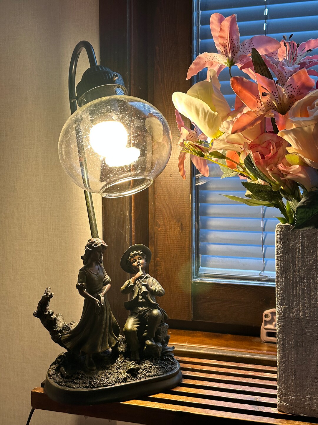 Vintage Lamp Shade Boy Girl, Bronze Effect, Children Sculture ...