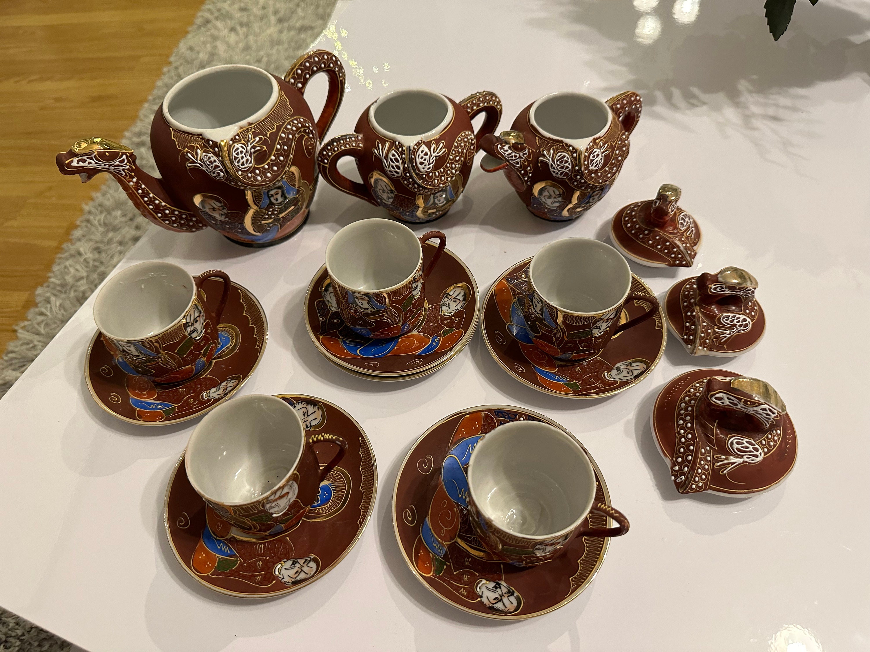 Antique Japan Satsuma Porcelain Tea Set, Geisha Lithophane, Mid-century ...