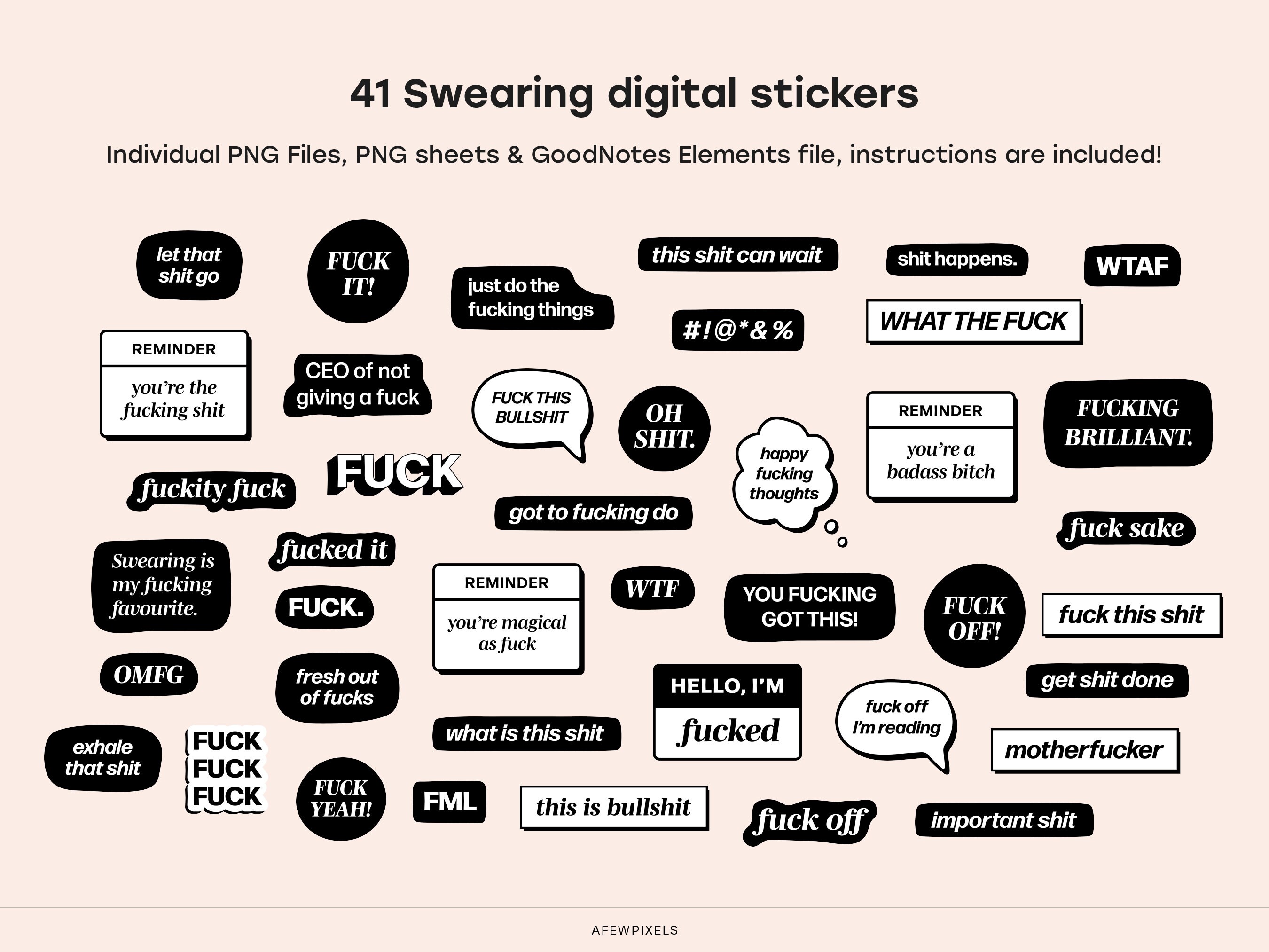 Set of 41 Fucking Digital Planner Swearing Stickers Black and White ...