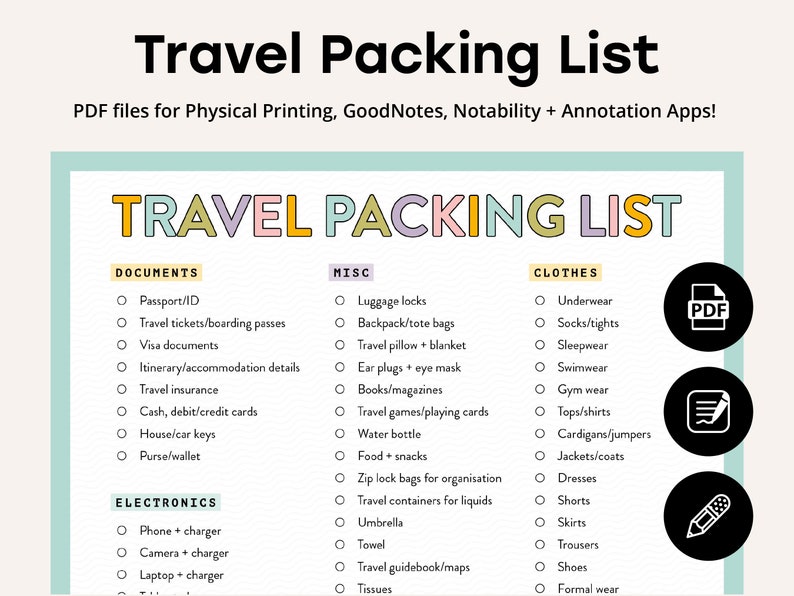 Travel Packing Checklist - Printable PDF, Goodnotes, Notability Digital ...