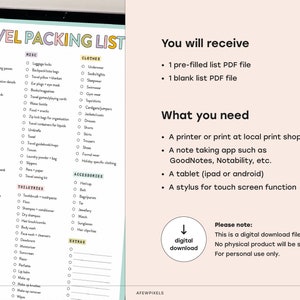 Travel Packing Checklist - Printable PDF, Goodnotes, Notability Digital ...